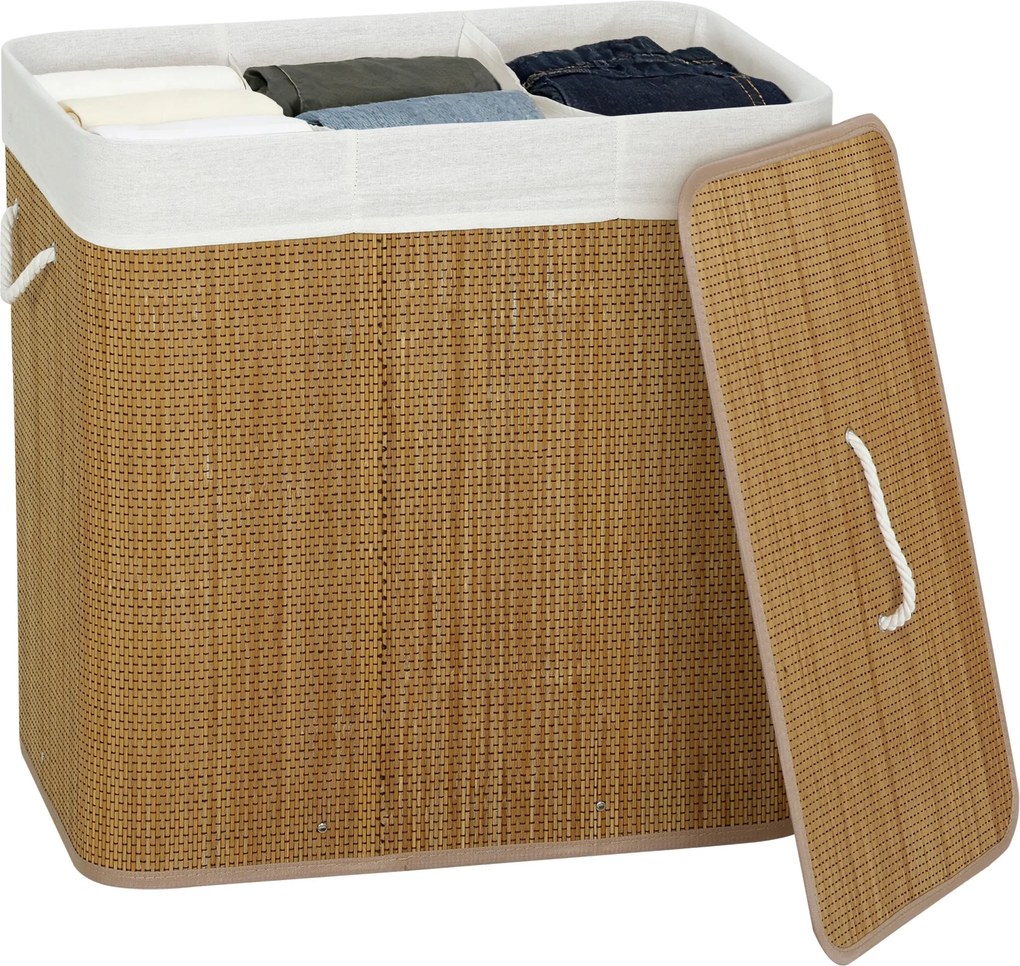 HOMCOM bambusový koš na prádlo s víkem, 144 l, 3 přihrádky, odnímatelné pratelně vložky a úchyty, 60 x 40 x 60 cm, hnědá | Aosom