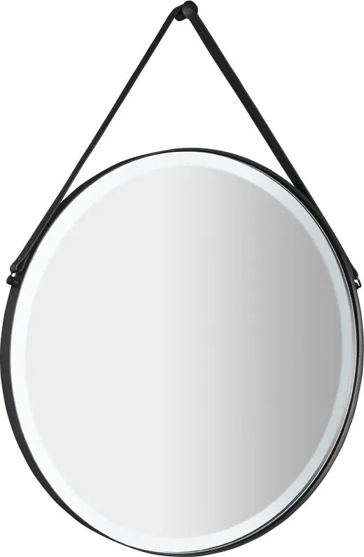 Sapho Sapho, ORBITER LED podsvícené kulaté zrcadlo s koženým popruhem, o 60cm, černá mat