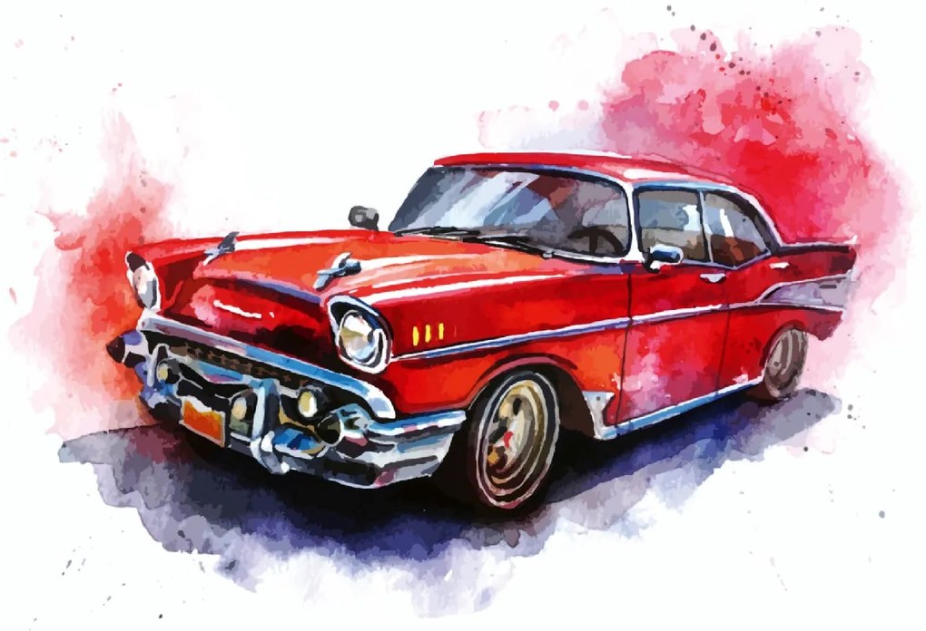 DIMEX | Samolepicí vliesová fototapeta na zeď Ilustrované červené auto MA-5-2176 | 375 x 250 cm | červená, bílá, metalická
