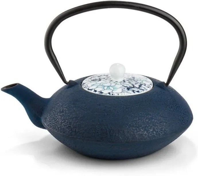 Modrá litinová konvice se sítkem na sypaný čaj a s porcelánovým víčkem Bredemeijer Yantai, 1,2 l