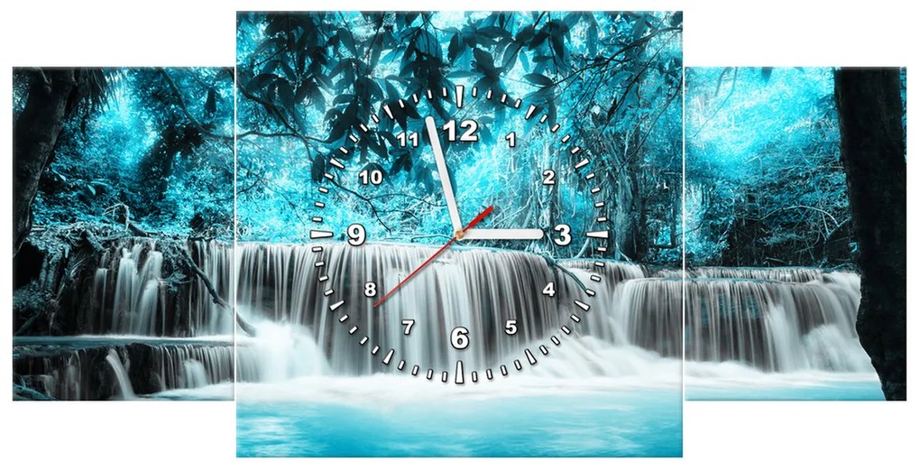 Gario Obraz s hodinami Vodopád v modré džungli - 3 dílný Rozměry: 80 x 40 cm