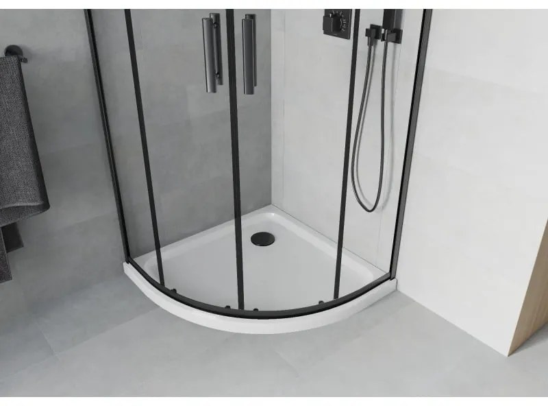 Mexen Rio, čtvrtkruhový sprchový kout s posuvnými dveřmi 90 x 90 cm, 5mm čiré sklo, černý profil + bílá sprchová vanička, 863-090-090-70-00-4110B
