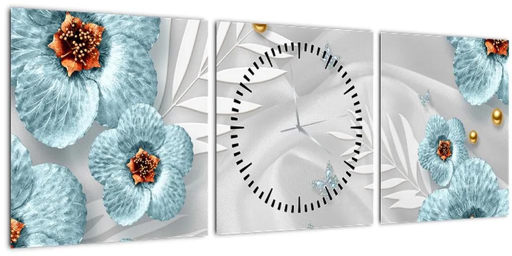 Obraz - 3D modré květy (s hodinami) (90x30 cm)