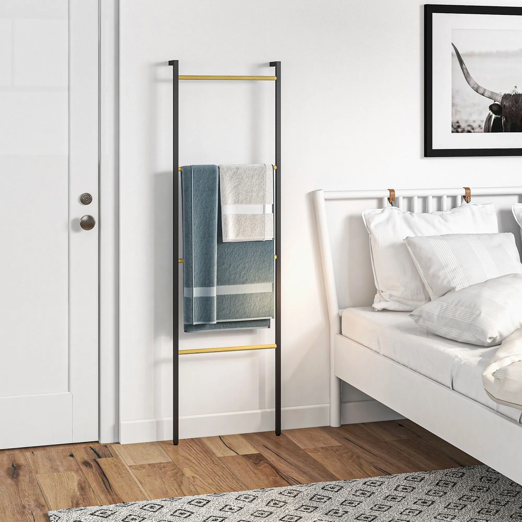 HOMCOM Žebřík na ručníky 49 x 167,5 cm Držák na ručníky se 4 tyčemi šetřící místo na ručníky oblečení deky noviny z oceli Černá