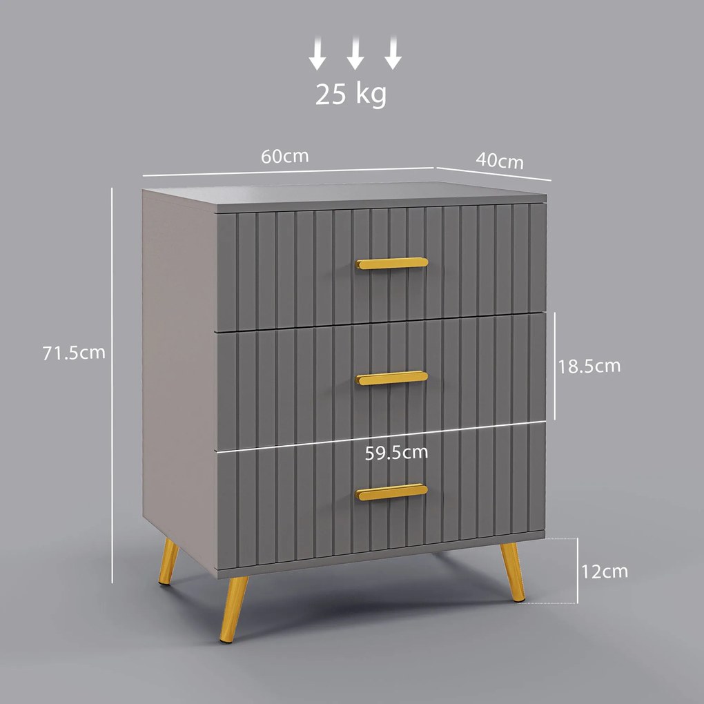 HOMCOM Moderní komoda se 3 zásuvkami, dřevo a hliník, 60x40x71,5 cm, zlatá a tmavě šedá