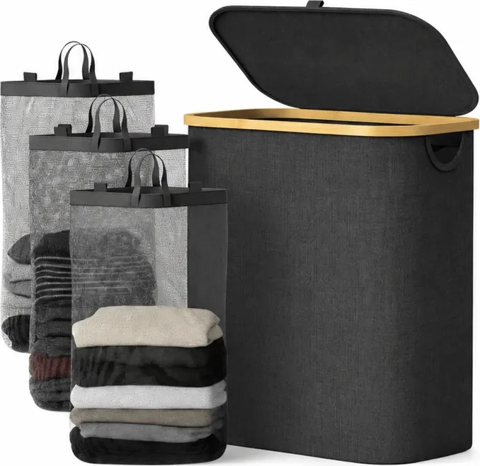 koš na prádlo, objem 110+ l, s víkem, 3 odnímatelné tašky, látka/bambus, 75x43x32 cm, šedá/přírodní, Dekorino KP20260003