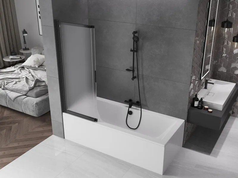 Mexen Fox, 2-křídlová vanová zástěna 120x150 cm, 5mm sklo námraza, černý profil, 891-120-002-70-30