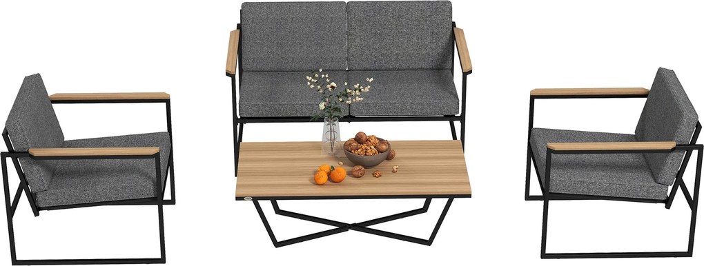 Zahradní nábytek Outsunny pro 4 osoby - Odolný balkonový set s 2 místnou pohovkou, 2 židlemi, polstrováním a stolkem - Venku ideální sedací souprava p