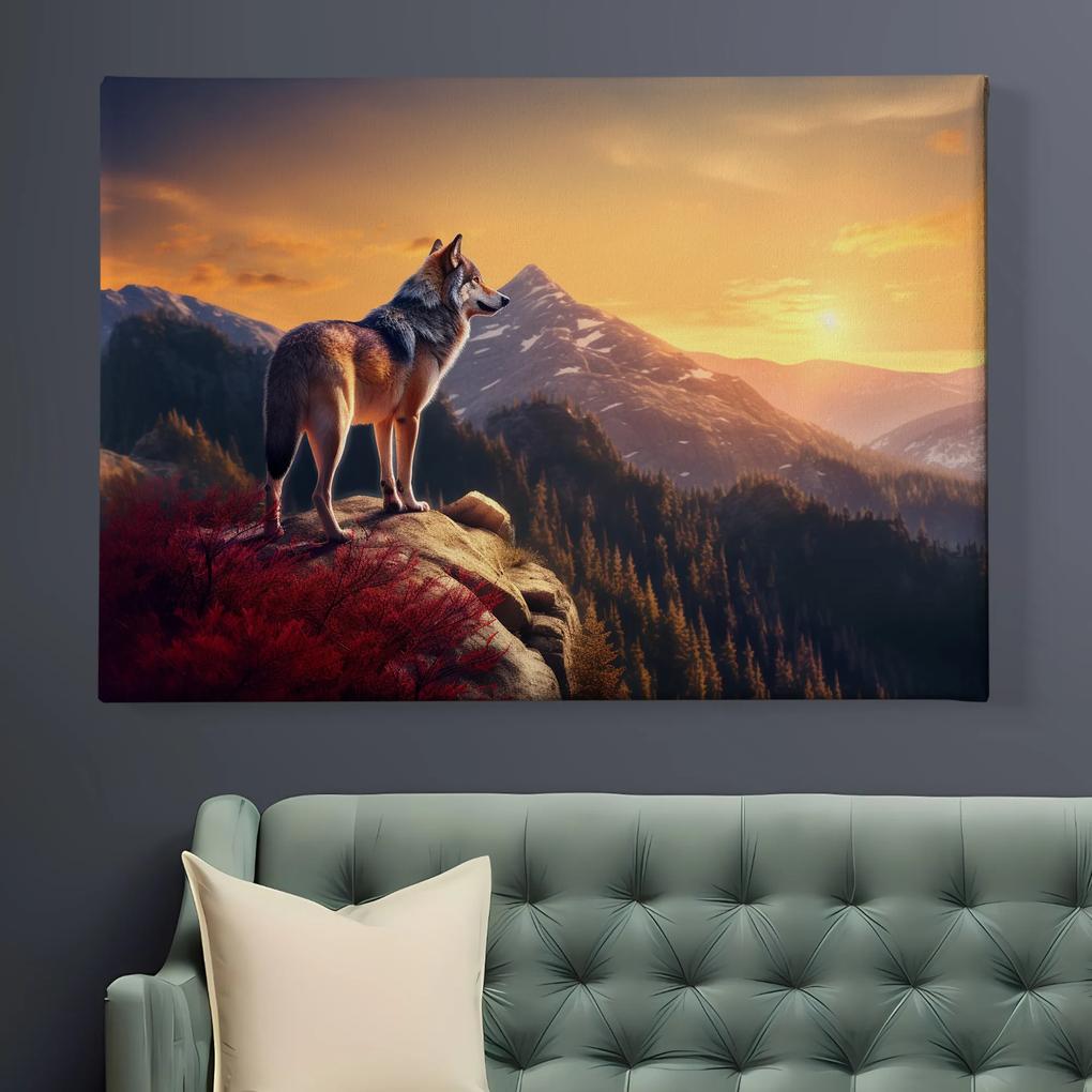 Obraz na plátně - Vlk na skále zkoumá svůj rajon FeelHappy.cz Velikost obrazu: 180 x 120 cm
