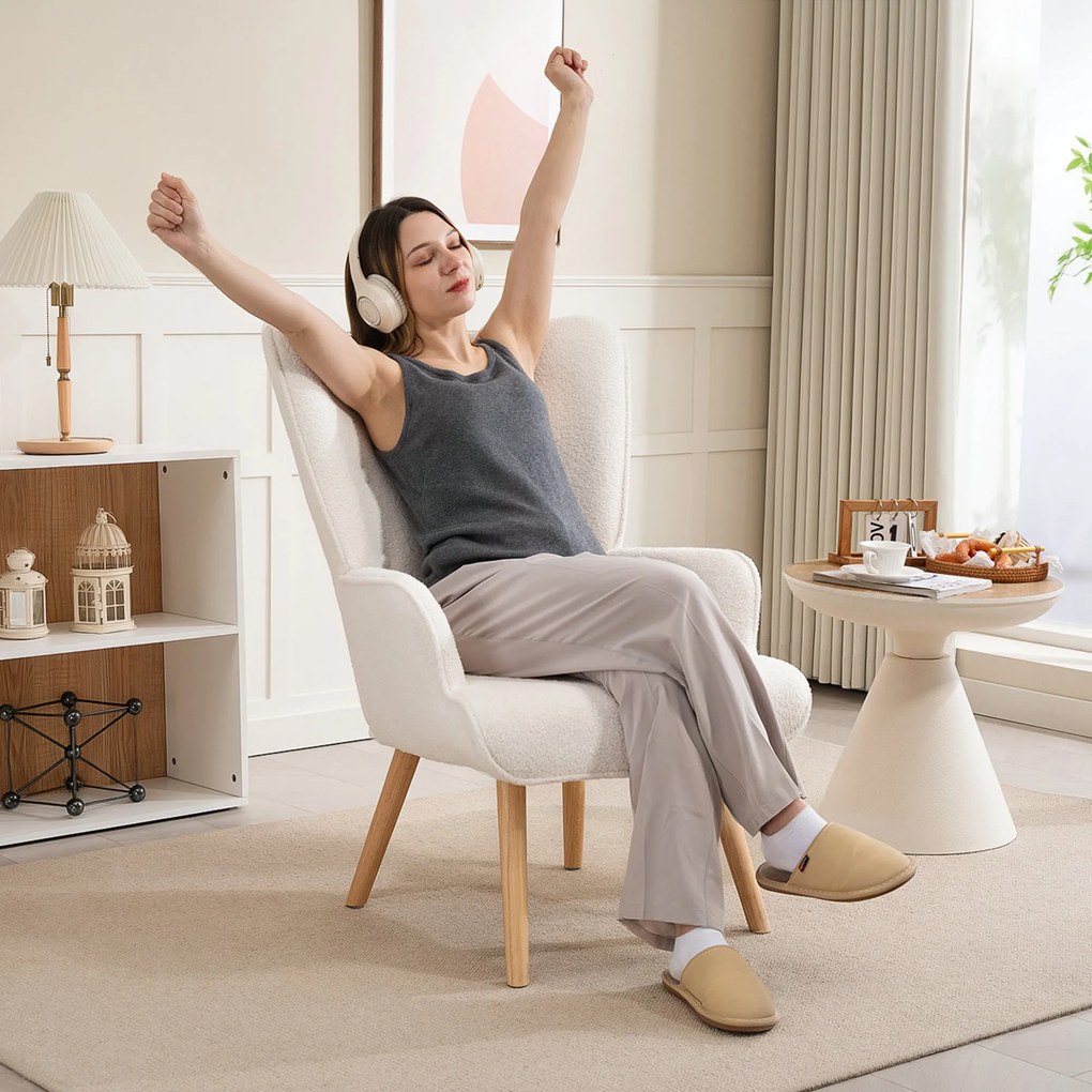 HOMCOM Křeslo s Boucle Potahem, Moderní Čalouněné Křeslo se Dřevěnými Nohy, Ergonomické Opěradlo a Područky, pro Jídelnu, Obývací Pokoj, Ložnici, Kan…