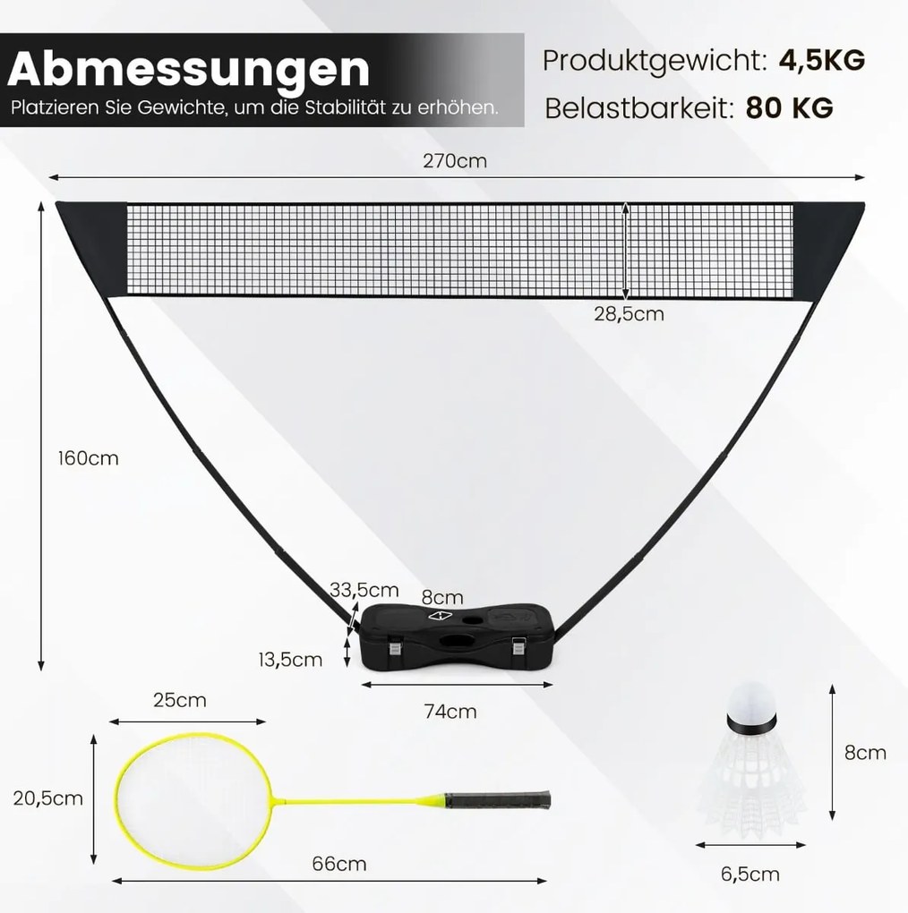 Costway Badminton Net Stand Přenosná hra s raketami Kompletní – černý