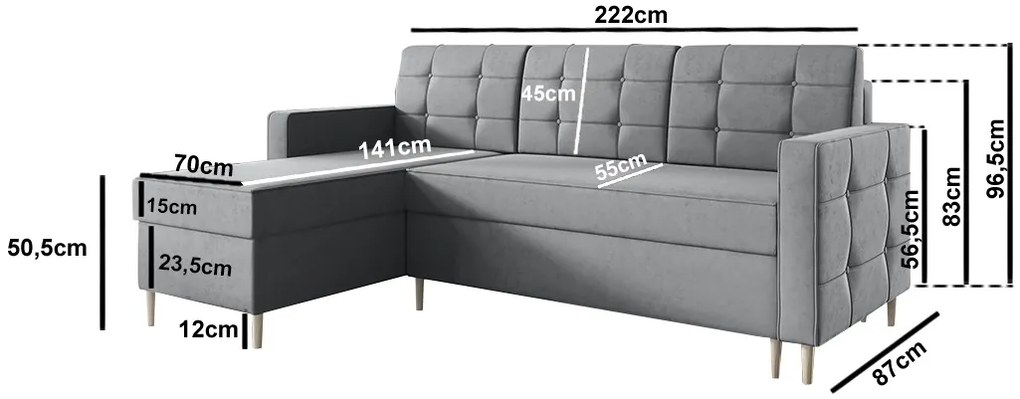 Rohová rozkládací sedací souprava do L SOREN, 222 cm, s úložným prostorem Roh pohovky: Pravý, Barva látky: Tmavě hnědá (Amon 15)