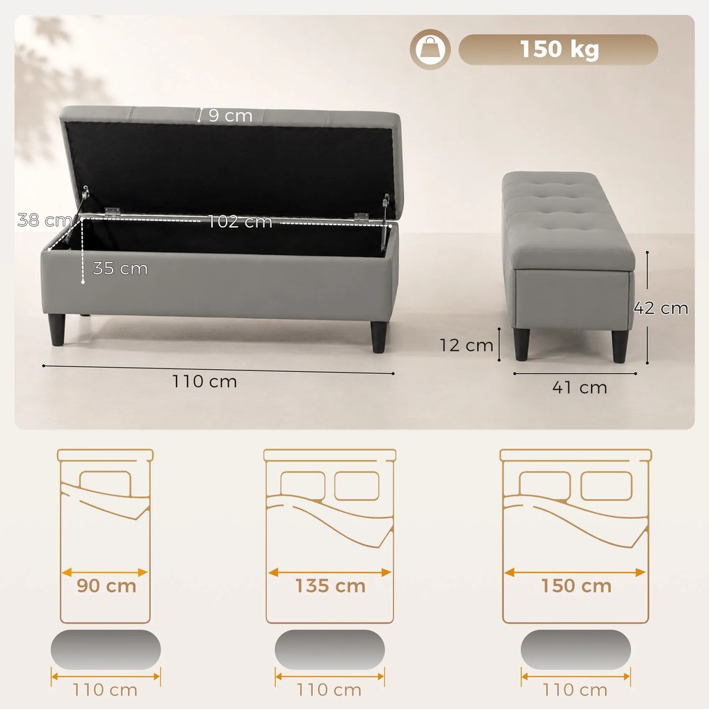 HOMCOM lavice s úložným prostorem 136L, velký úložný puf, podnožka 110x41x42 cm, přátelská k domácím mazlíčkům, umělá kůže šedá