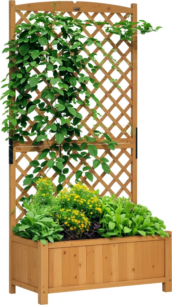Zahradní záhon Outsunny s treláží a květináčem pro popínavé rostliny, květinová kultivace pro venkovní terasu, balkon 90x45x180 cm, přírodní dřevo | A