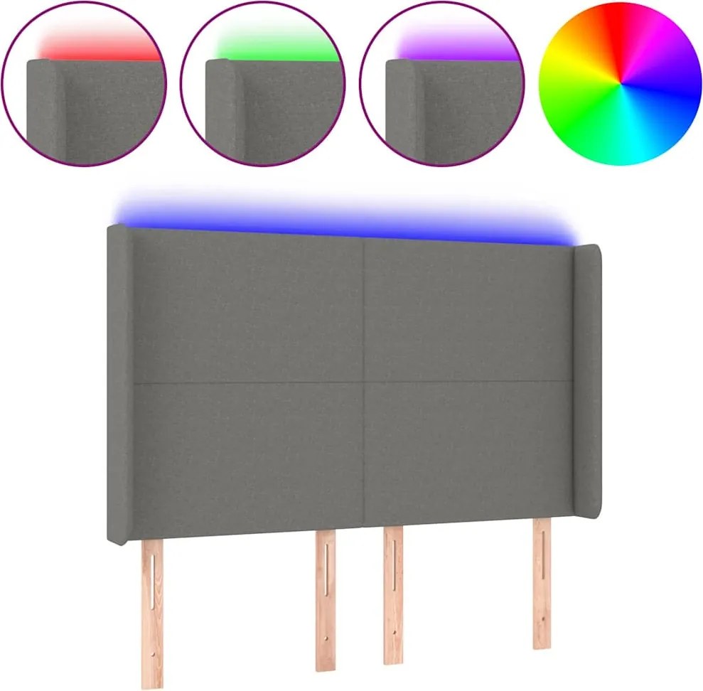 Čelo postele s LED tmavě šedé 147 x 16 x 118/128 cm textil 3123767