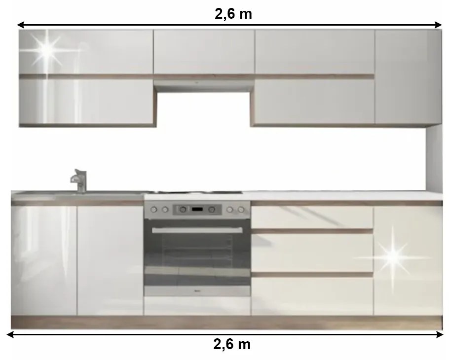 Kuchyňská sestava LINE 260 cm, dub sonoma a bílá vysoký lesk HG