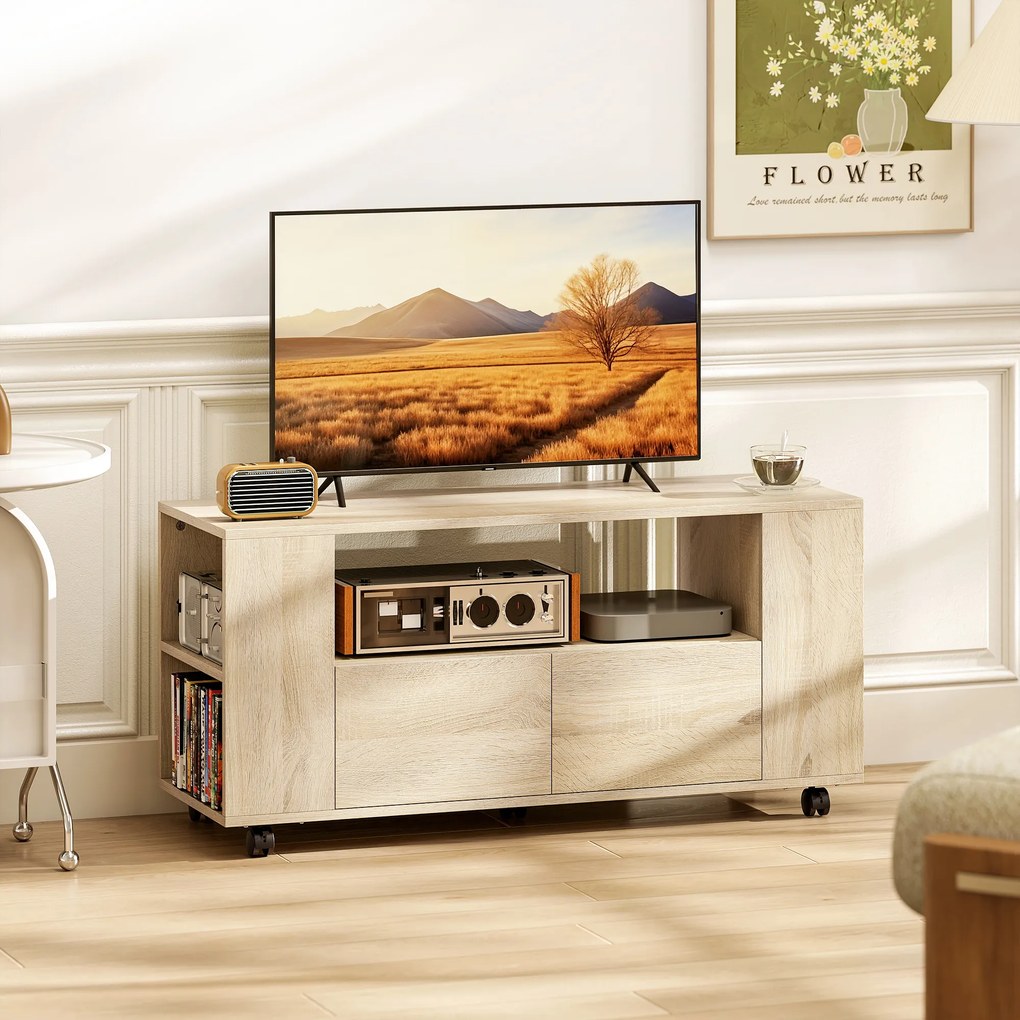 HOMCOM TV nábytek 106,68 cm s otočnými kolečky a brzdou, nastavitelné police a zásuvky, 102x34,5x48,5 cm, dřevo