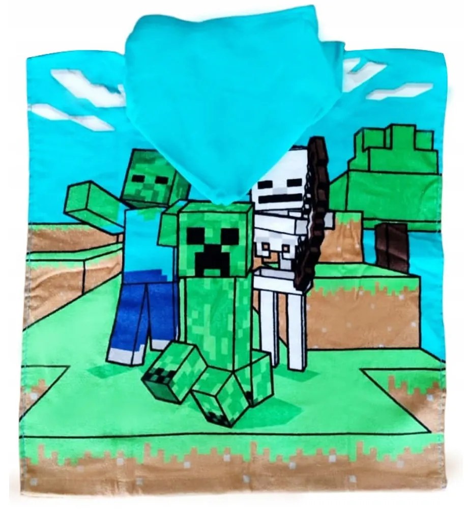 DĚTSKÝ BAVLNĚNÝ PONČO RUČNÍK S KAPUCÍ MINECRAFT 50X100 CM VZOROVANÝ