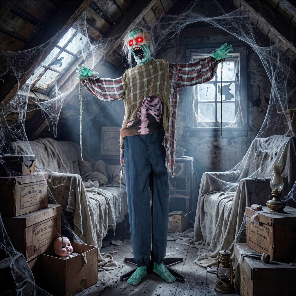 HOMCOM Animovaný Halloween zombie v životní velikosti, 170 cm, s aktivací zvukem a dotykem, hrůzostrašná dekorace