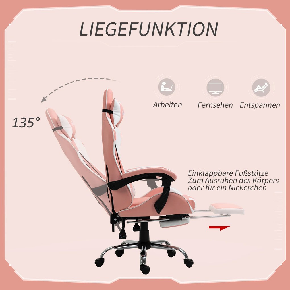Herní židle Vinsetto židle k počítači ergonomická kancelářská židle s bederní opěrkou hlavy výškově nastavitelná 360° otočná růžová+bílá