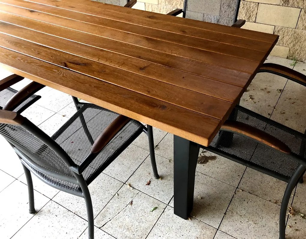 KULHÁNEK Zahradní stůl s kovovými nohami Odstín nátěru: lazura - teak, Velikost desky: 180x80 cm, Odstín podnože: antracit - RAL 7016