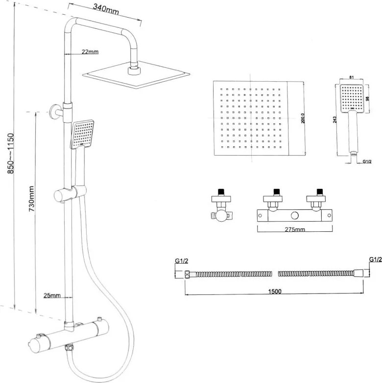 Erga Flova, sprchová souprava s termostatickou baterií a dešťovou hlavicí 20x20cm, černá matná, ERG-YKA-BP.FLOVA THERM 20 BLK
