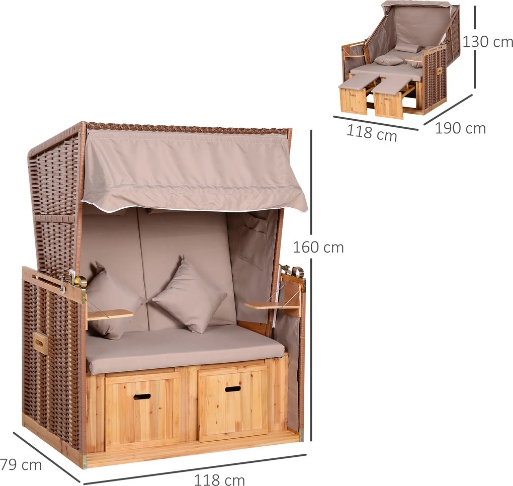 Plážové lehátko Outsunny s taburetem a skládacím stolkem, plně polohovatelné zahradní lehátko s držáky na nápoje, PE ratan béžová 118x79x160 cm pro h…