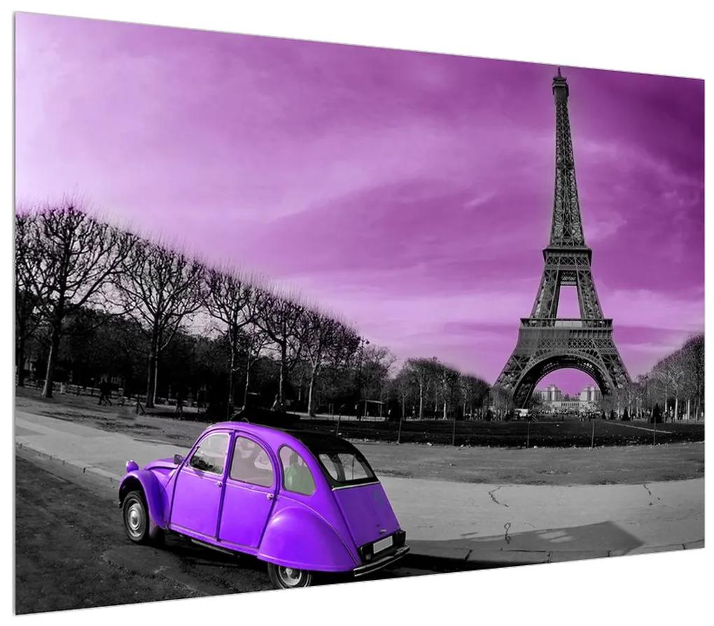 Obraz Eiffelovy věže a fialového auta (100x70 cm)