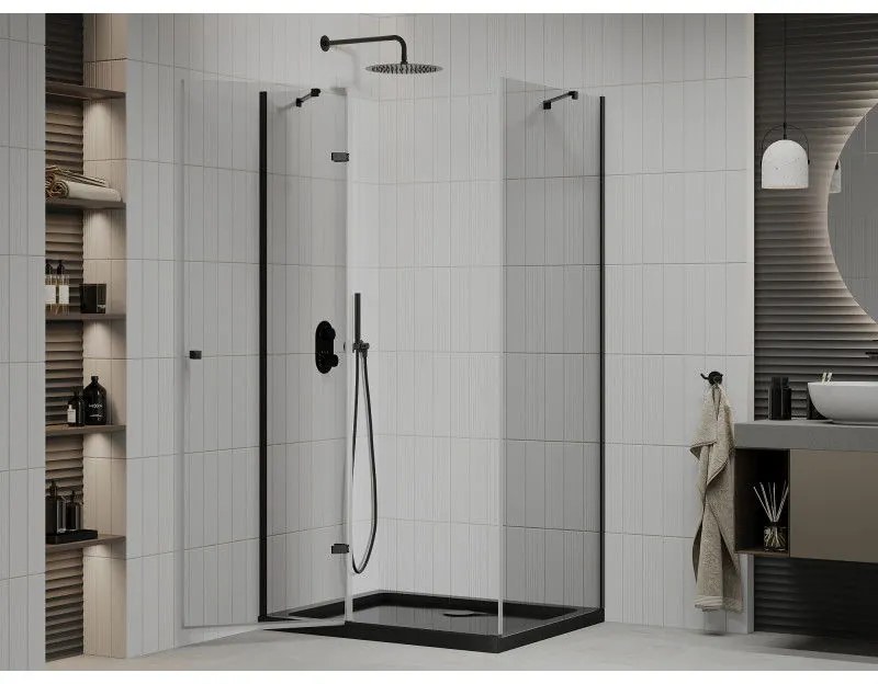 Mexen Roma, sprchový kout s 1-křídlými dveřmi 100 (dveře) x 80 (stěna) cm, 6mm čiré sklo, černý profil, slim sprchová vanička 5cm černá s černým sifonem, 854-100-080-70-00-4070B