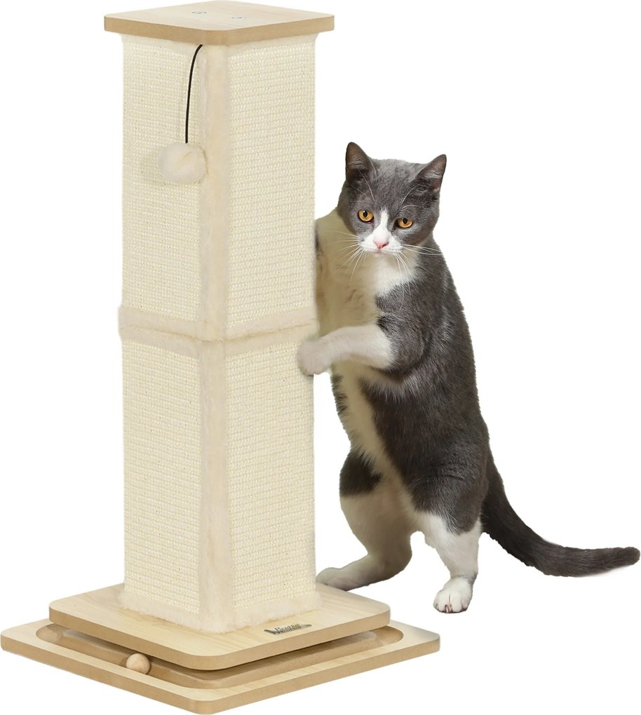 PawHut 3-v-1 Škrabadlo, 67cm Škrábací Sloup, Sisalový Kočičí Škrabací Strom s Hracím Míčkem, Kočičí Nábytek pro Interiér, Dub | Aosom