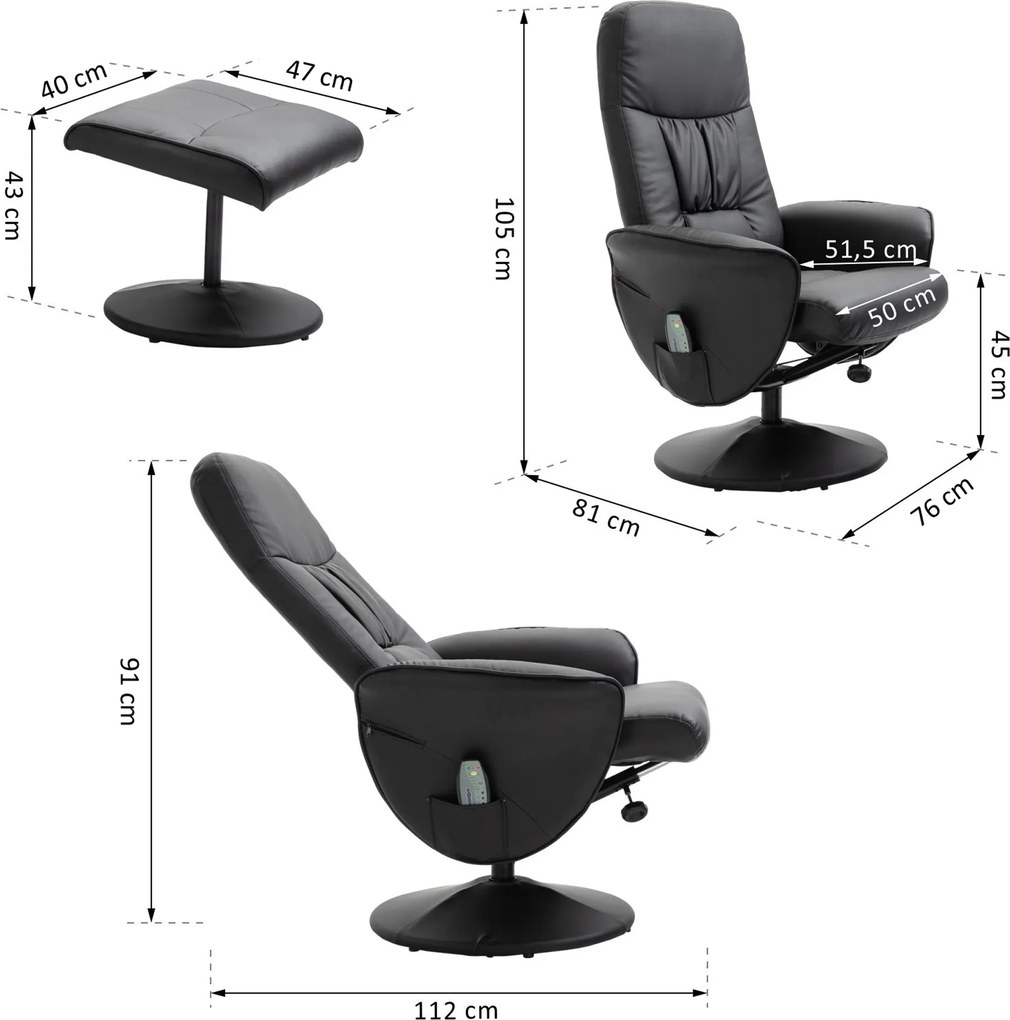 HOMCOM polohovací křeslo TV křeslo masážní křeslo s taburetem úložný prostor s 10 vibračními body umělá kůže černá 76 x 81 x 105 cm | Aosom