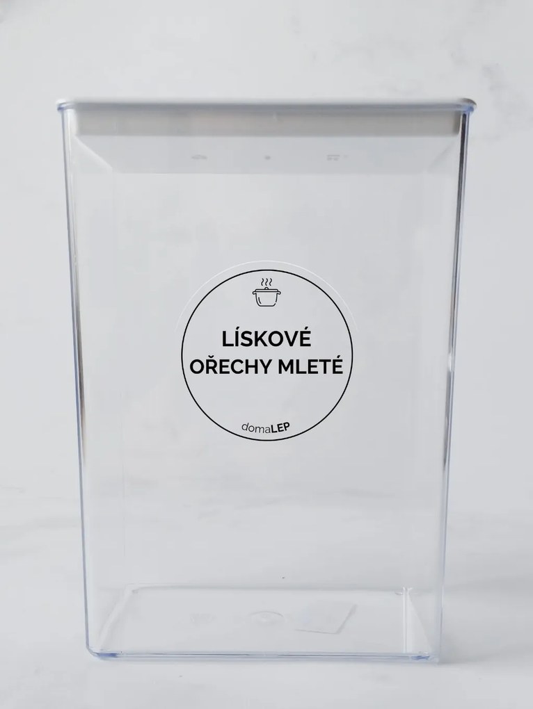 LÍSKOVÉ OŘECHY – průhledná samolepka na dózu, tučné písmo, 5 cm | DomaLEP