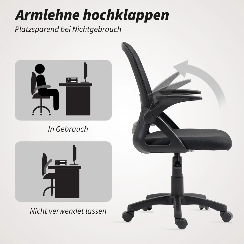 HOMCOM ergonomická síťovaná kancelářská židle se sklopnými područkami, bederní oporou a nastavitelnou výškou — černá
