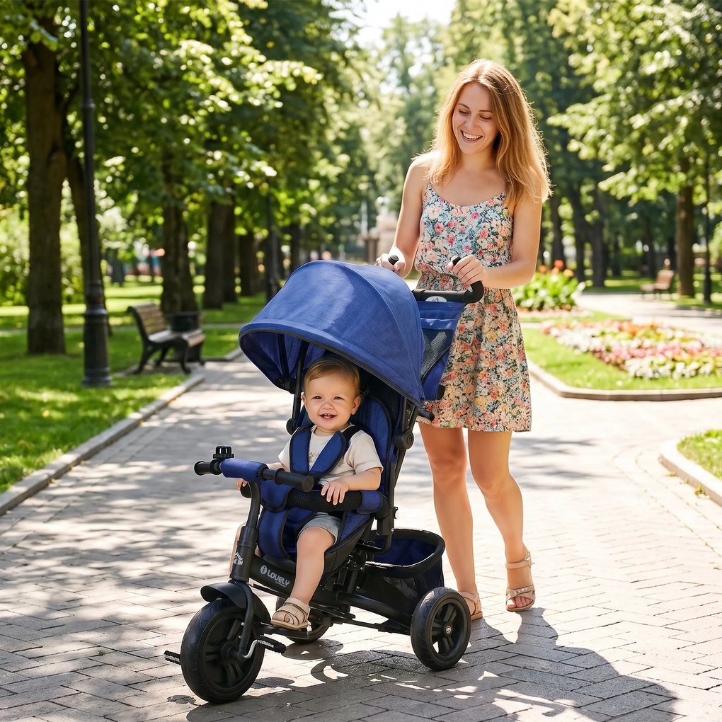 HOMCOM 6-in-1 Tříkolka s Rukojetí pro Rodiče, Dětská Tříkolka s Odnímatelnou Slunečníky, Polstrováním, Balance Bike s 5-Bodovým Bezpečnostním Páscem,…