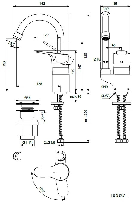 Ideal Standard Cerabase - Umyvadlová baterie s vysokým výtokem as Blue Start, chrom BC837AA