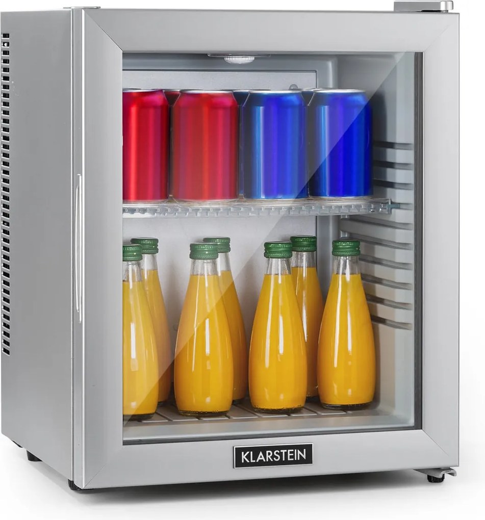 Klarstein Brooklyn 23, mini lednice, 23 l, energetická třída E, skleněné dveře, LED, police, stříbrná