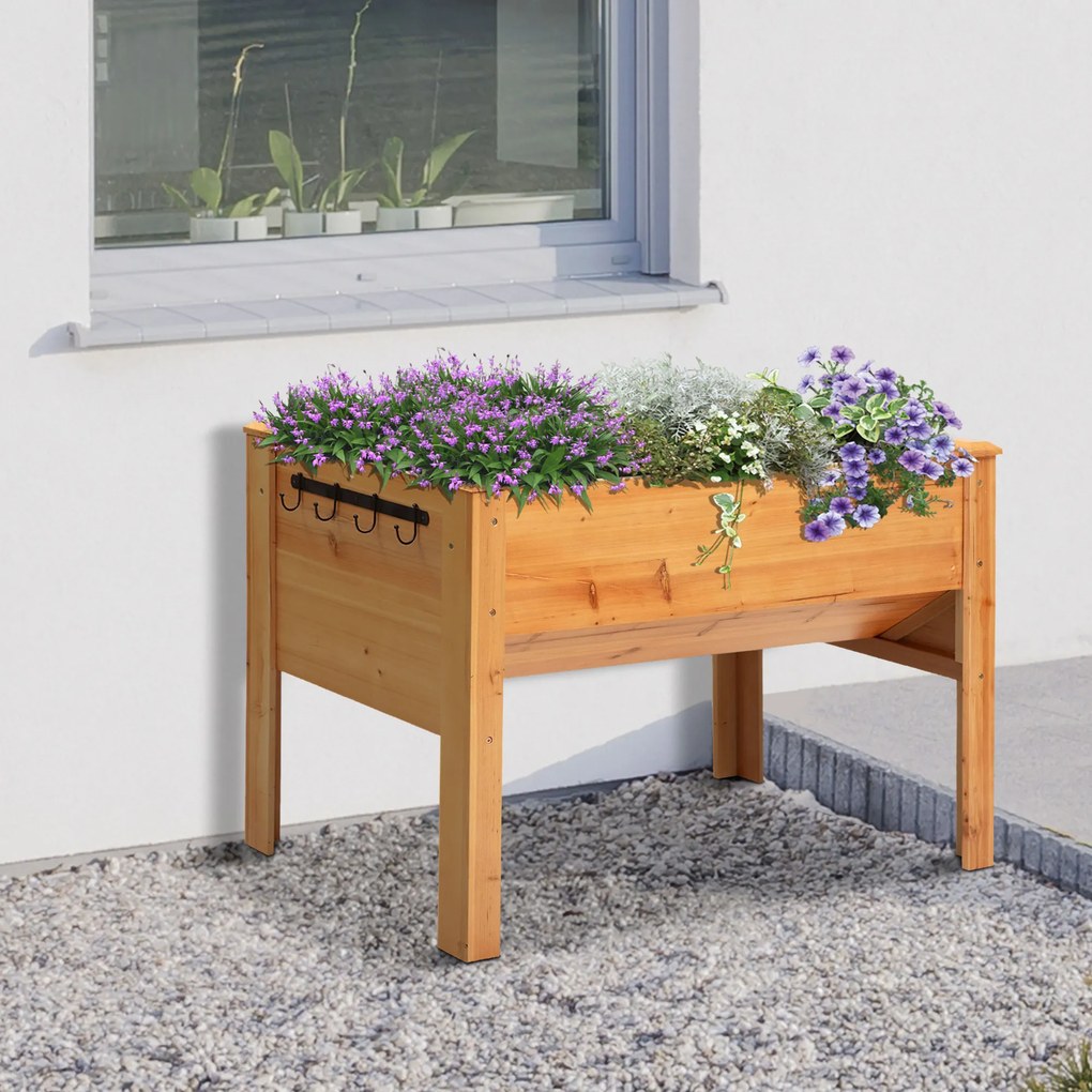 Vyvýšený záhonový truhlík na bylinky Outsunny ze dřeva s odtokovým otvorem a háčky, truhlík na nohy 124x60x81 cm v přírodní barvě | Aosom.de