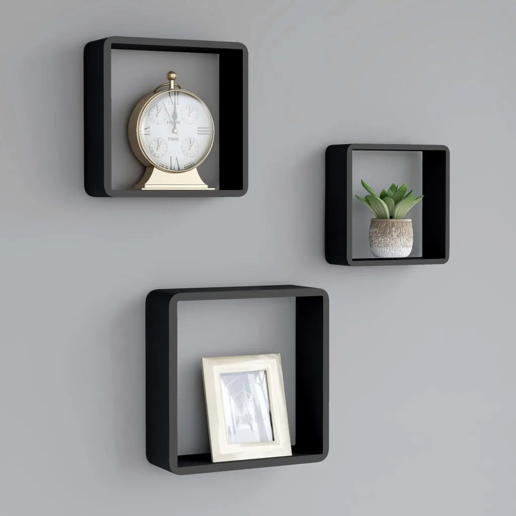 Nástěnné police kostky 3 ks černé MDF 323953