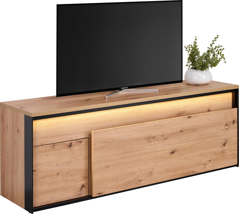 XXXLutz KOMODA POD TELEVIZI, černá, dub artisan, 155/55/41 cm Hom`in - Černé komody - 000589000520
