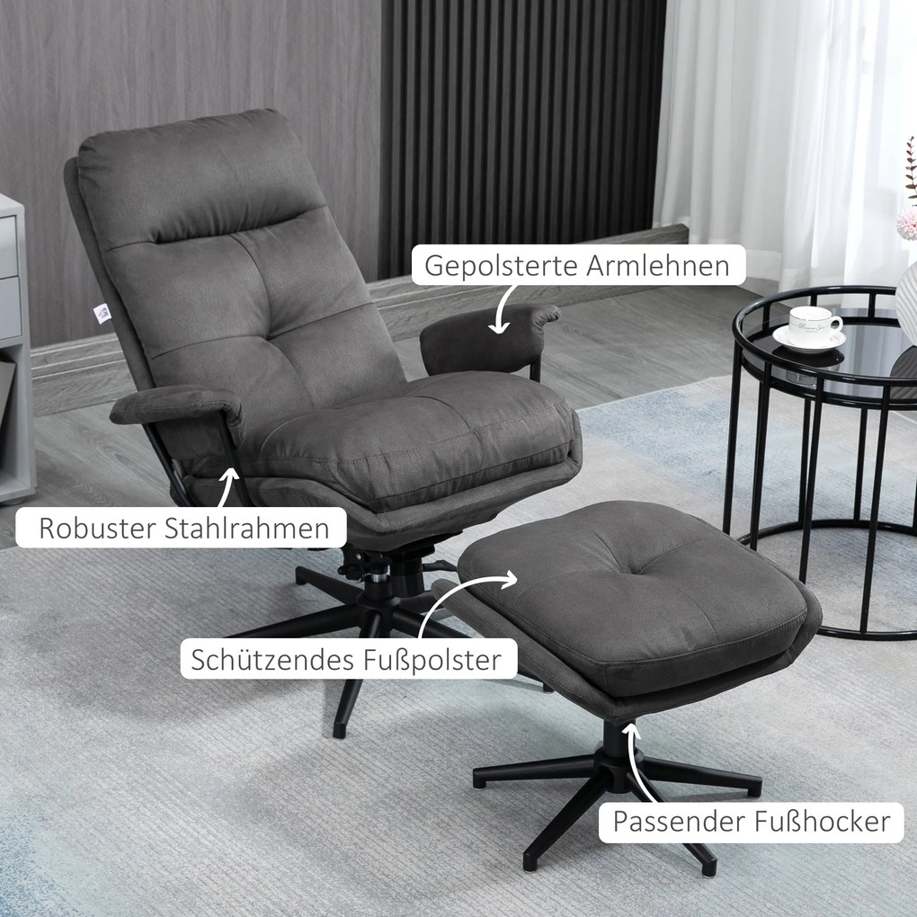 HOMCOM polohovatelné křeslo s taburetem, nosnost do 150 kg, otočná základna, TV křeslo s funkcí polohování, tmavě šedý polyester, ideální do obývacíh…