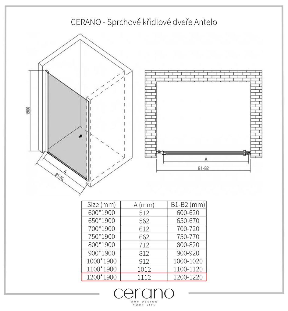 CERANO - Sprchové křídlové dveře Antelo L/P - černá matná, transparentní sklo - 120x190 cm, CER-CER-481756