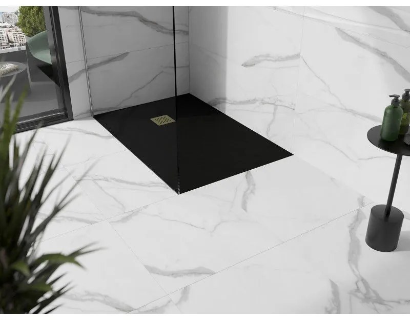 Mexen Stone+, obdélníková vanička z minerálního kompozitu 140 x 100 cm, černá, zlatá lesklá krytka, 44701014-G
