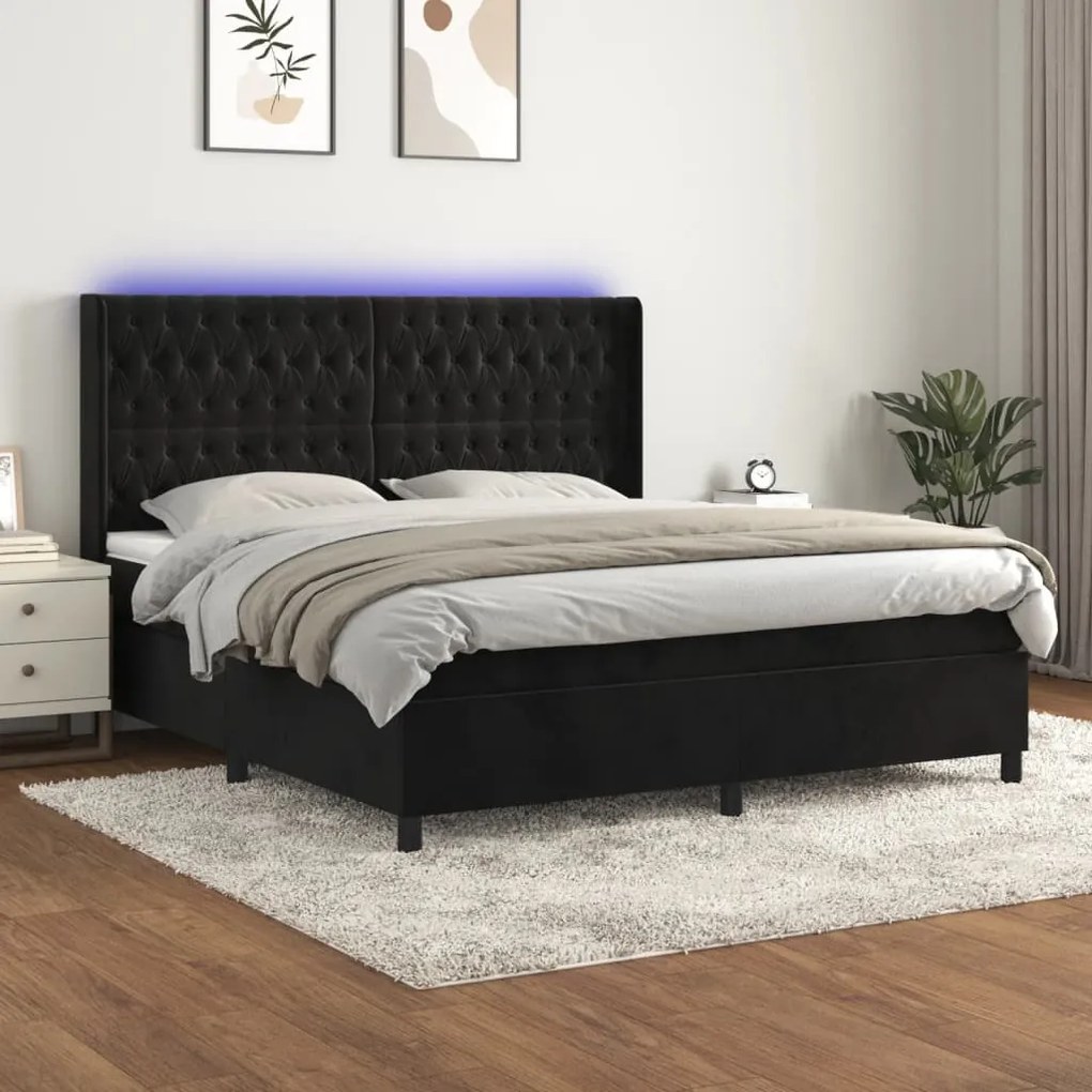 Box spring postel s matrací a LED černá 160x200 cm samet