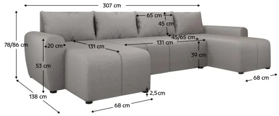 Čalouněná univerzální rozkládací sedací souprava do U NEWPORT šedá