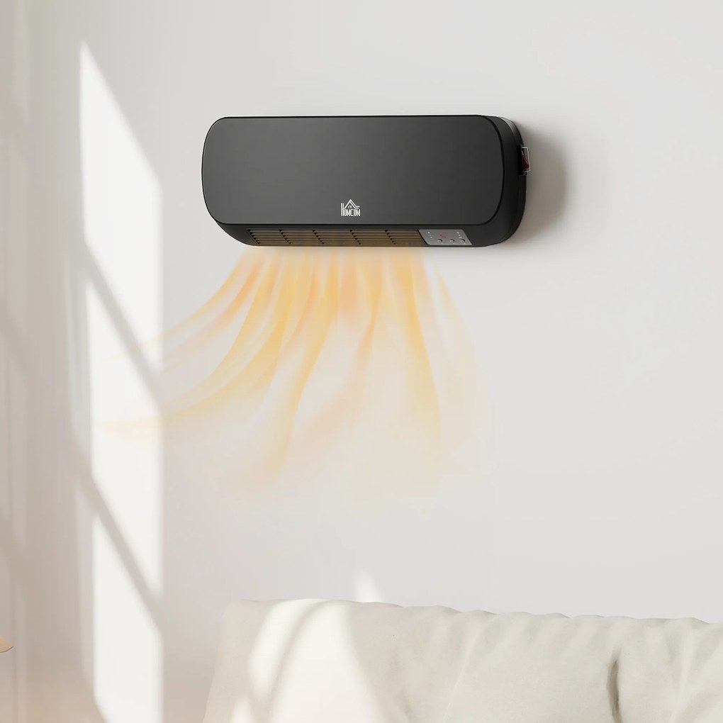 HOMCOM Topný ventilátor na stěnu 2000W s dálkovým ovládáním, 2 topné režimy, LED displej, 12hodinový časovač pro koupelnu 820-254V90BK