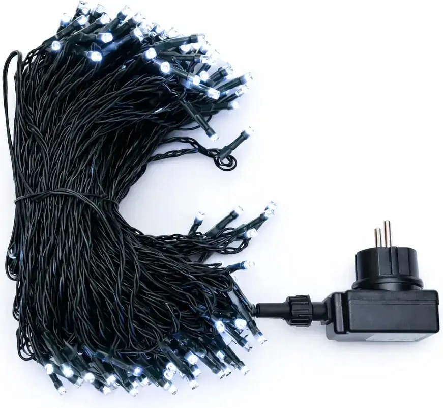 LED světelný řetěz, venkovní, 40 m, ledově bílá, 200 diod, černý kabel, IP44, vč. zdroje