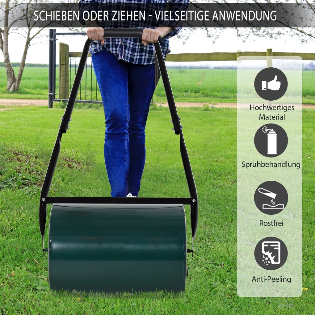 Zahradní válec Outsunny s rukojetí ve tvaru U Průměr 31 cm Pracovní šířka 30 cm Náplň 40 l vody Písek Kovová zelená barva pro dokonalé trávníky