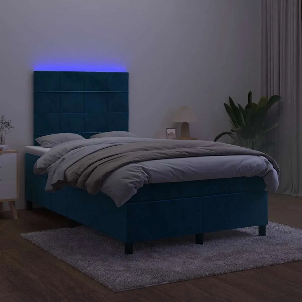 Box spring postel s matrací a LED tmavě modrá 120x200 cm samet 3136117