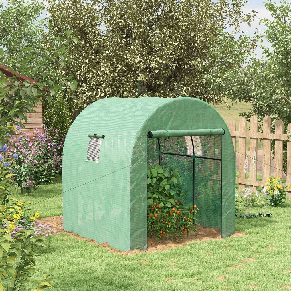 Zelený tunelový skleník Outsunny pro zahradu 1,8x1,8x2 m, UV odolný skleník se 2 rolovacími dveřmi a okny, ocel a PE