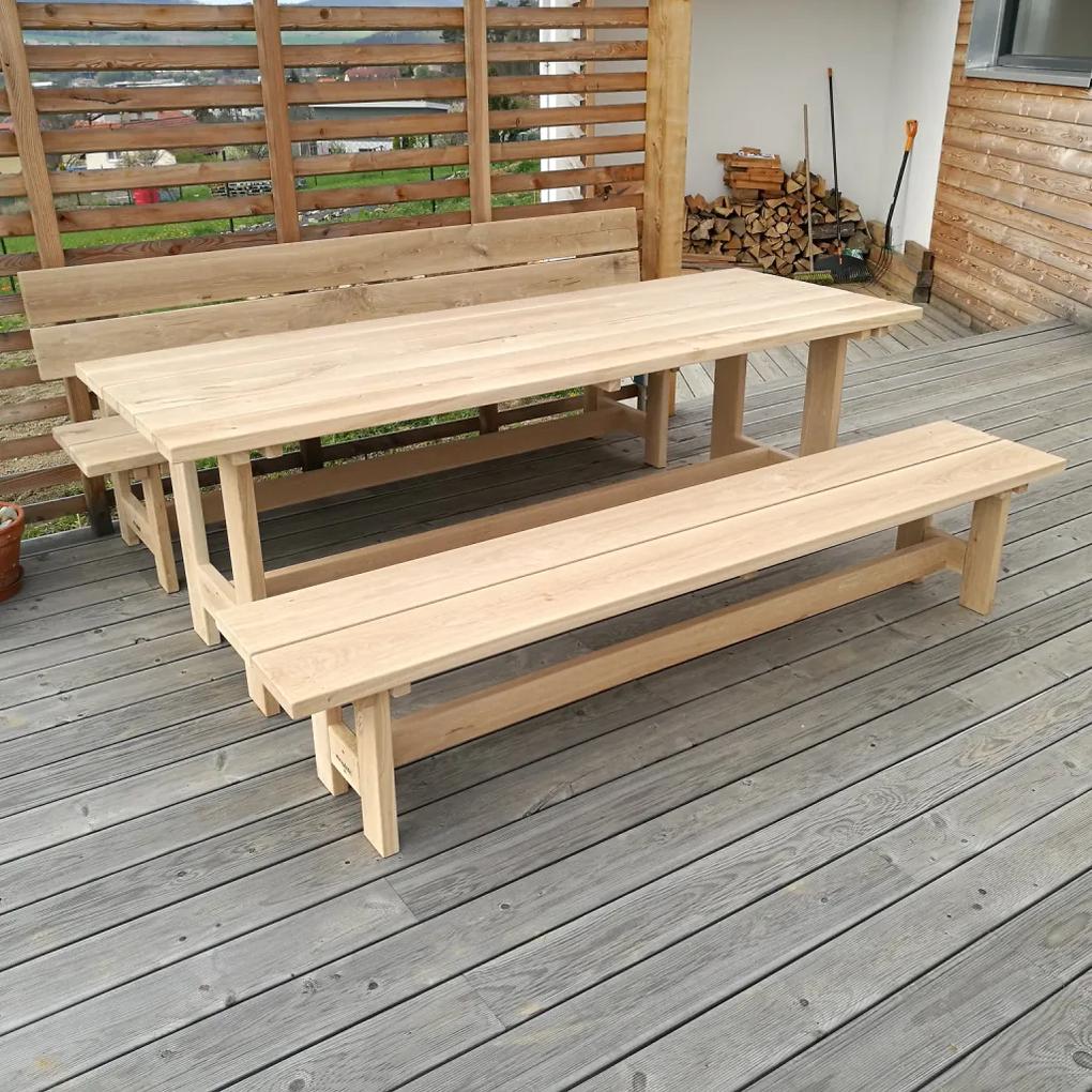 KULHÁNEK Zahradní dubová sestava - stůl, 1x lavice s opěradlem, 1x lavice bez opěradla (přírodní provedení) Délka: 160 cm, Odstín nátěru: olej - ořech